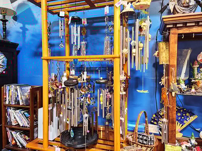 Ocean breezes not included. These wind chimes against vibrant blue walls promise to bring coastal melodies to any home.