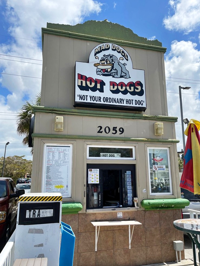 The standalone building of Mad Dogs creates an architectural statement that matches the boldness of their "not your ordinary hot dog" promise.