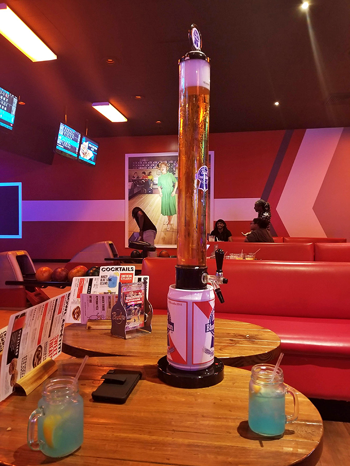 Nothing says "victory celebration" quite like a towering beer dispenser that keeps the good times flowing between frames.