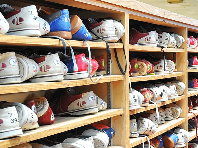 The shoe wall&mdash;where fashion goes to die but bowling tradition lives on in red, white, and blue glory.