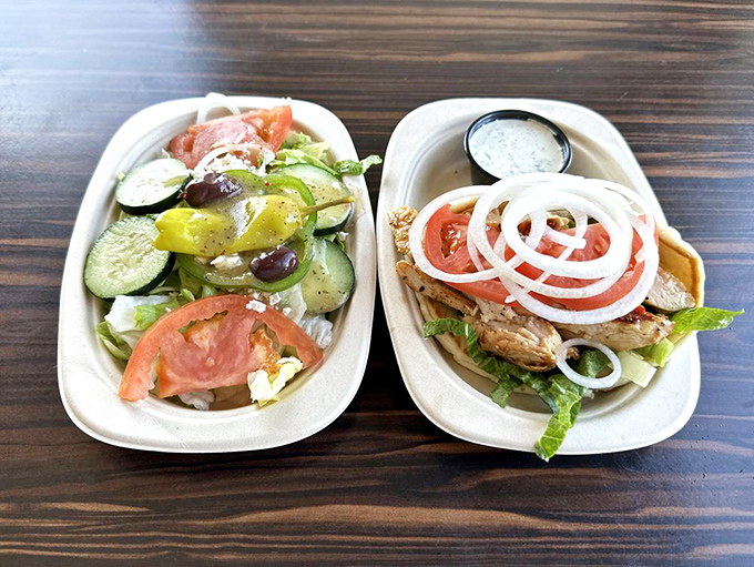 The chicken pita and Greek salad combo: proof that sometimes the simplest lunch brings the most magnificent pleasure.