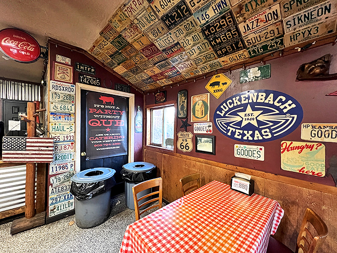 Where every inch of wall and ceiling tells a story. The license plates above are like a guest book of satisfied customers.