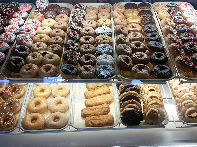 This display case isn't just filled with donuts—it's a gallery exhibition of edible art where every piece deserves your undivided attention.