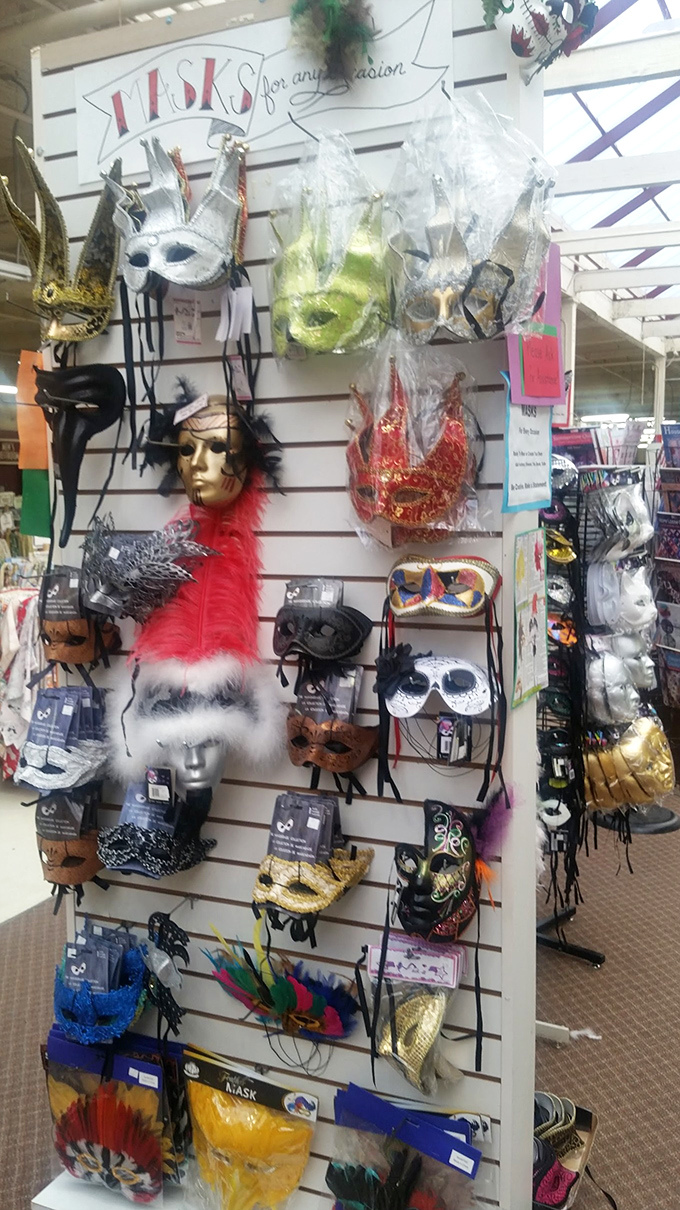 The mask wall: where Venetian elegance meets Portland quirkiness, perfect for both masquerade balls and avoiding small talk at the grocery store.