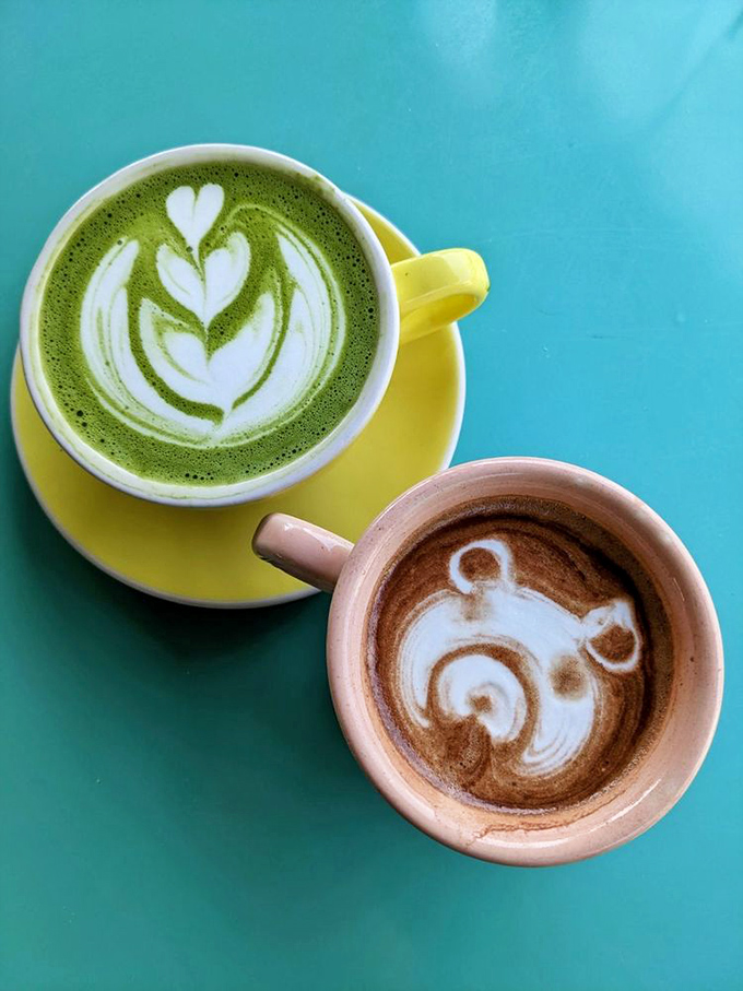 Coffee art so pretty you almost don't want to drink it. Almost. The matcha latte and bear-faced cappuccino prove morning beverages can be both cute and caffeinating.