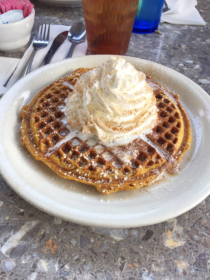 A waffle that understood the fall assignment. That whipped cream swirl isn't just decoration&mdash;it's structural engineering at its finest.