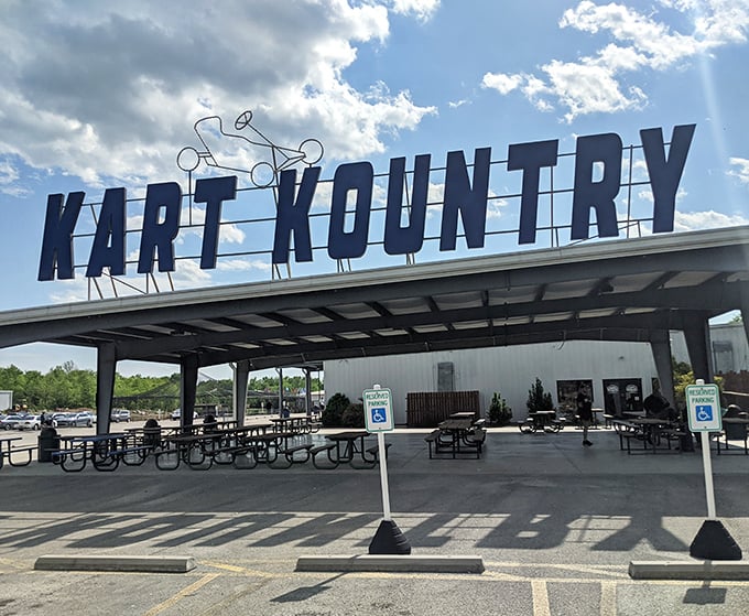 The gateway to adrenaline! Kart Kountry's iconic sign welcomes speed enthusiasts and family fun-seekers alike to Kentucky's motorsport playground.