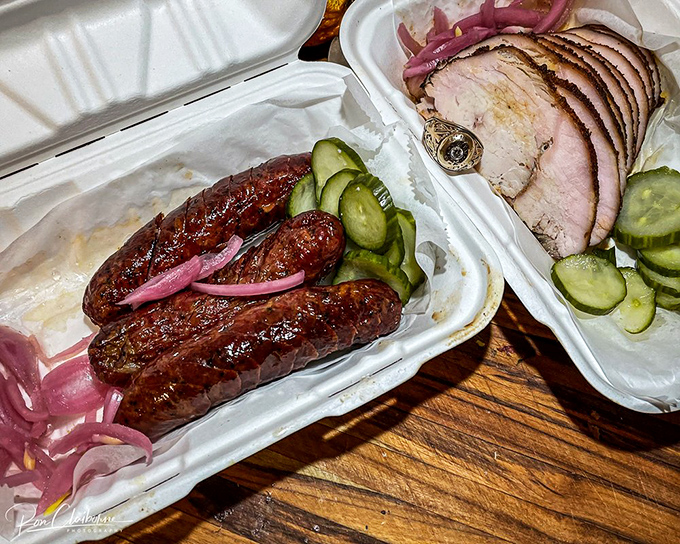 Sausage with a snap that sounds like applause when you bite into it. The smoke ring is basically meat jewelry.