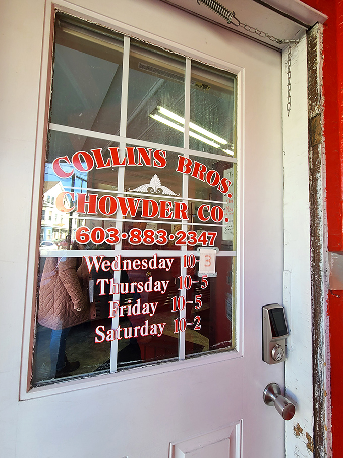 The door tells you everything: limited hours, straightforward offerings. When you're this good at chowder, you don't need to be open 24/7.