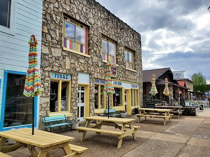 The stone facade sweet shop proves my theory: the more permanent the building, the more irresistible the fudge inside must be.