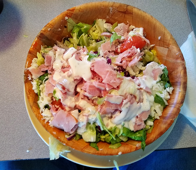 This American salad isn't just playing a supporting role—it's having its main character moment with generous ham portions and creamy dressing.