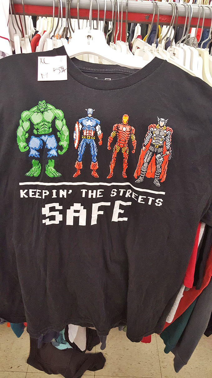 Superheroes "keepin' the streets safe" while keeping your wallet protected too&mdash;nostalgic graphic tees for grown-up kids.