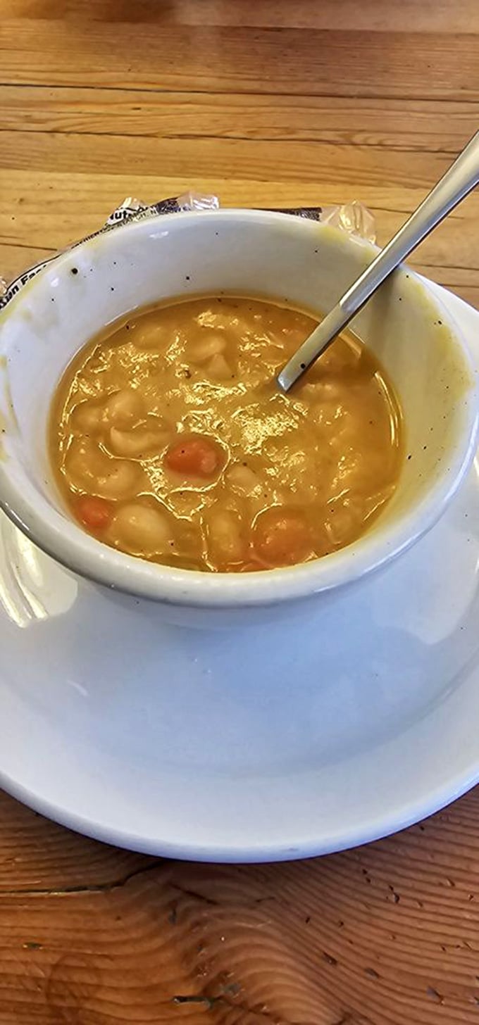 Bean soup that's achieved that perfect golden hue, where each spoonful delivers the comfort of grandma's kitchen in liquid form.