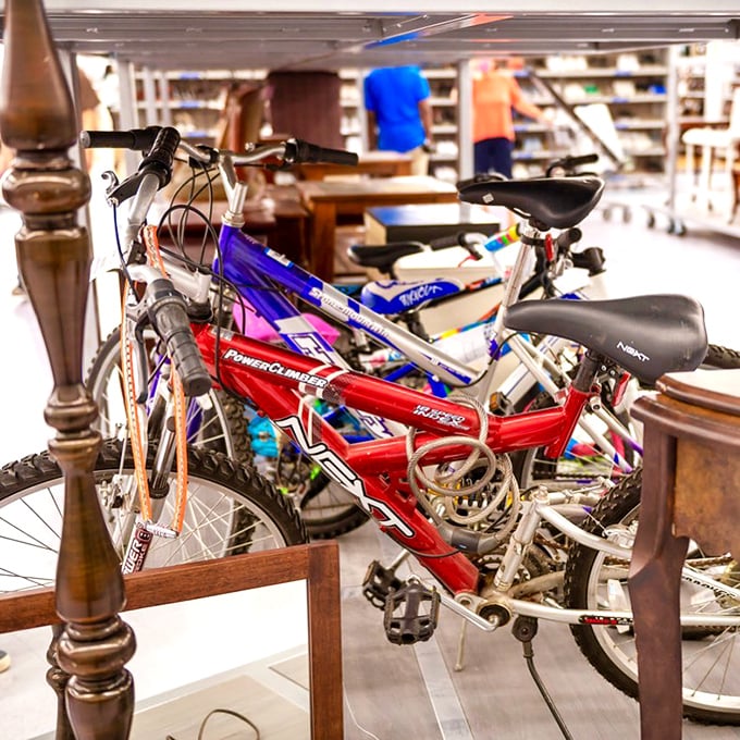Bicycles nestled among furniture&mdash;transportation meets decoration. Someone's abandoned hobby becomes your new weekend adventure.