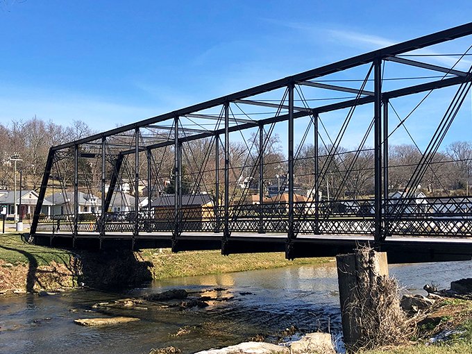 This historic iron bridge has connected Corydon's people for generations, spanning not just the creek but also linking past to present.