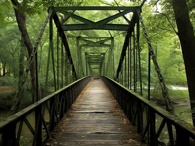 This iron bridge beckons adventurers into a green cathedral of trees, promising the kind of tranquility that meditation apps try desperately to replicate.