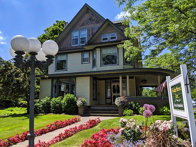 Victorian elegance meets flower power at the Bridge Street Inn, where hydrangeas and petunias create a welcome committee of color.