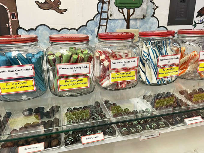 Mason jars filled with candy sticks stand guard like sugary sentinels, their "Do Not Open" warnings both a challenge and a tease.