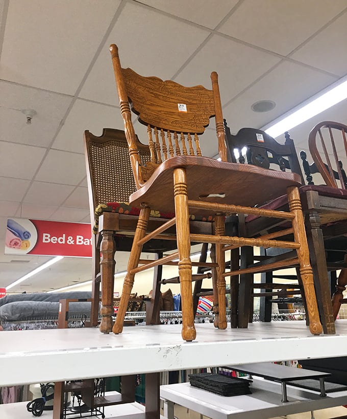 This oak chair has weathered decades of family dinners and heated conversations. At Savers' prices, it's practically giving wisdom away.