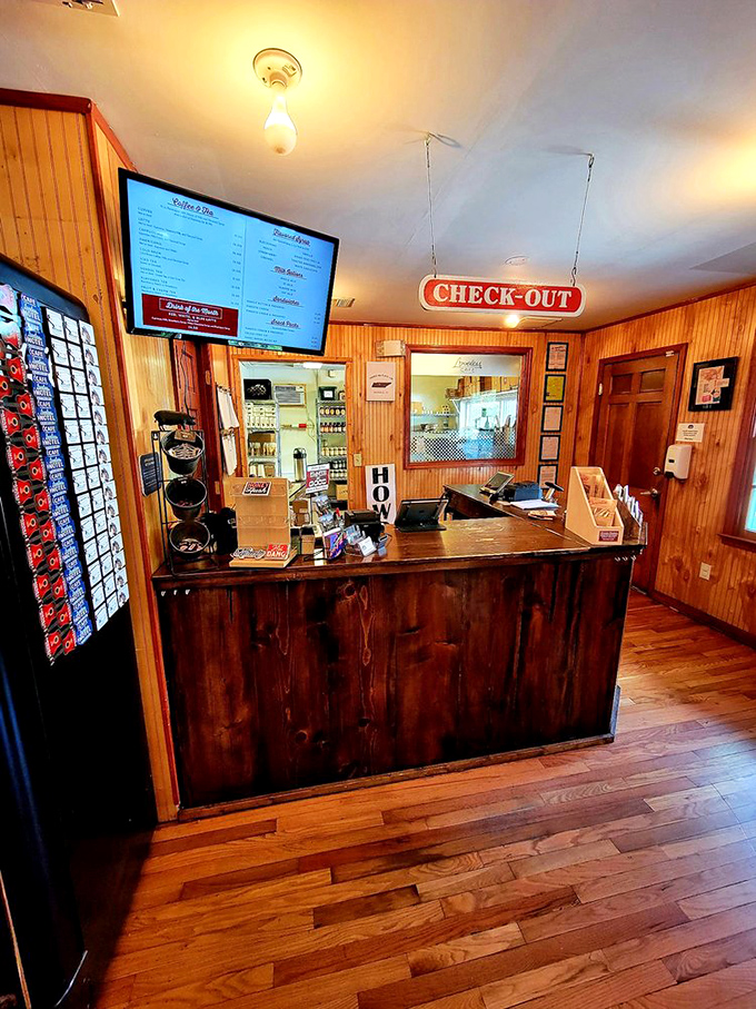 The rustic check-out counter where you'll reluctantly pay your bill, but the wooden charm softens the blow to your wallet.