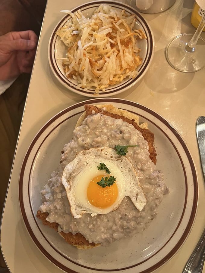 Breakfast that doesn't whisper, it announces: scrambled eggs, crispy hash browns, and toast that's achieved that perfect golden-brown everyone's always chasing.