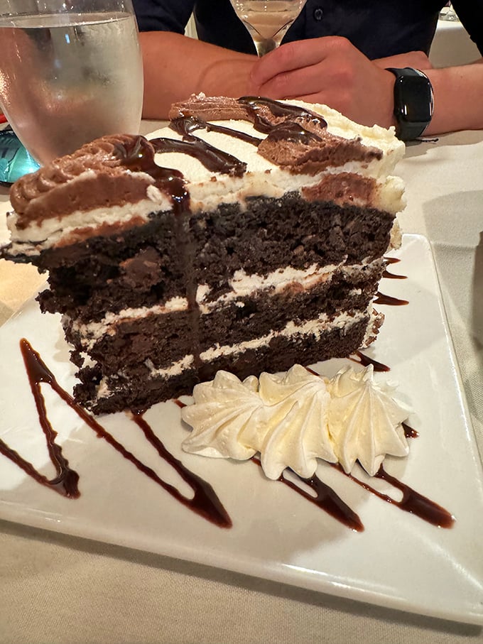 Chocolate layer cake stands tall and proud &ndash; because after conquering prime rib, you deserve a dessert with equally impressive stature.