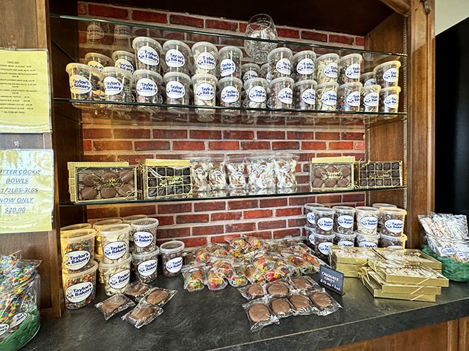 Jars of cookies and candies stand at attention, like a delicious library where each sweet treat tells its own story.