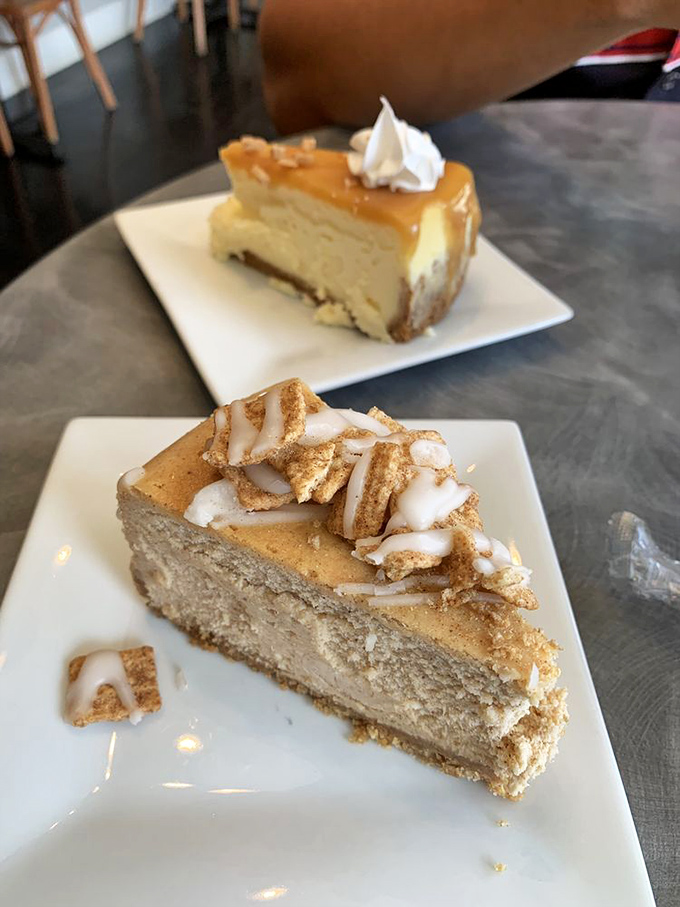 Two slices, two moods: caramel sophistication up top, cinnamon cereal nostalgia below. Dessert for your inner child and adult self.