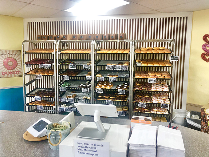 Behind this counter, donut dreams come true. The coffee's ready, the treats are fresh, and life suddenly seems a little brighter.