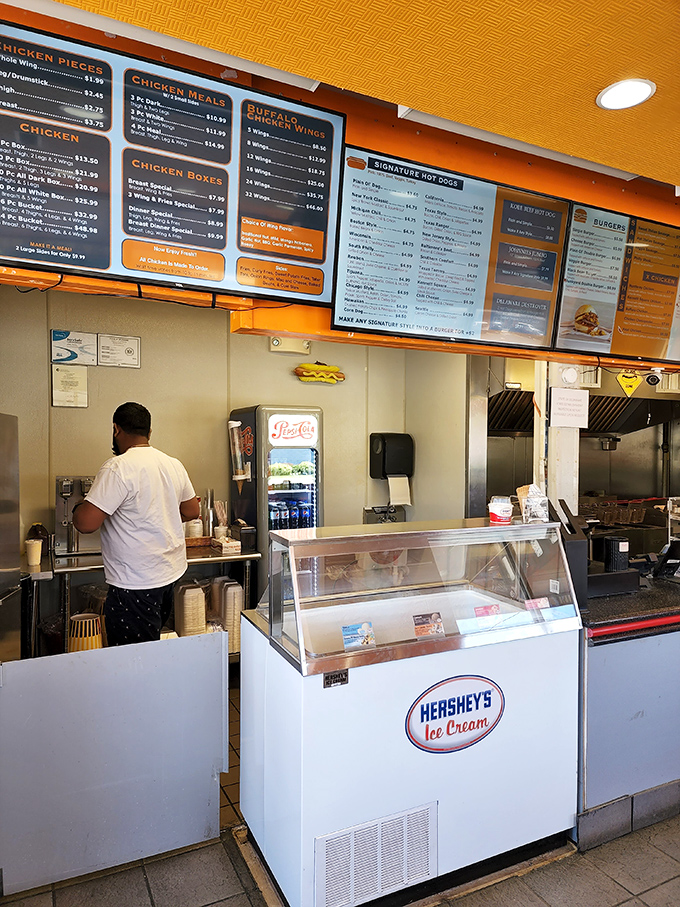 The ordering counter stands ready for action, with Hershey's ice cream waiting in the wings for your post-chicken cool down.