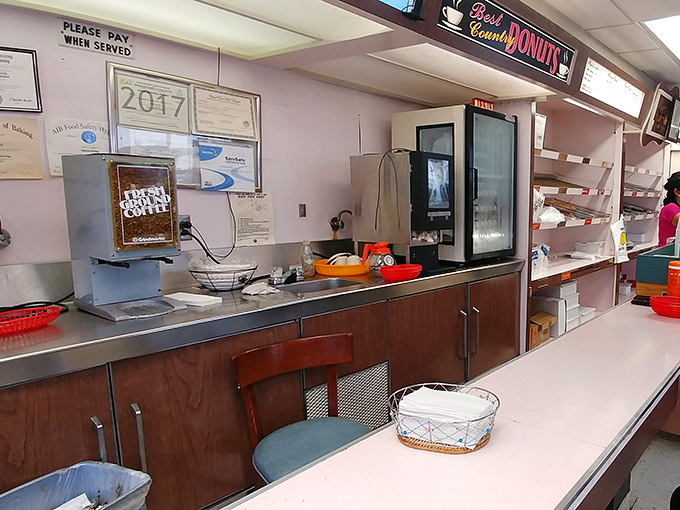 Coffee station and counter&mdash;the command center of morning operations where caffeine meets carbs in perfect harmony.