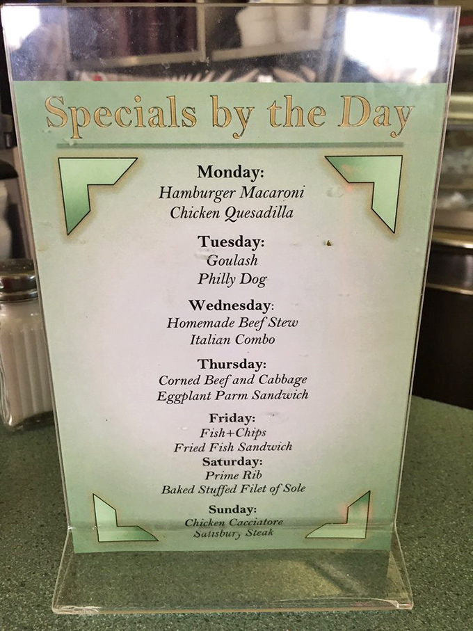 Daily specials board—a calendar you can eat. Thursday's corned beef and cabbage has gotten people through rough weeks since the Kennedy administration.