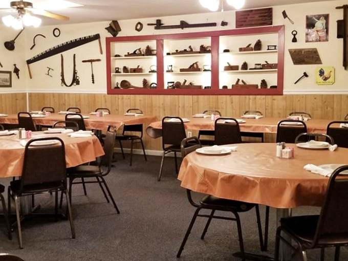 The walls tell stories with vintage tools and farm implements&mdash;a museum of rural Americana that seasons the atmosphere perfectly.