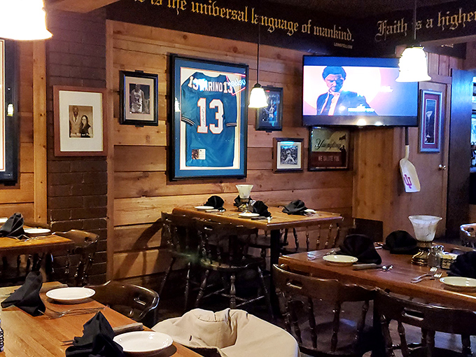 Sports memorabilia and wood paneling create that sweet spot between upscale dining and the comfort of eating at your favorite uncle's place.