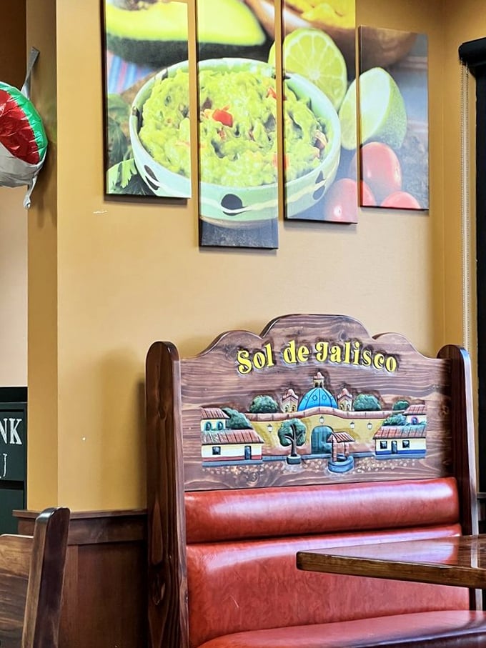 That guacamole artwork isn't just decoration—it's foreshadowing of the fresh ingredients waiting to dance across your taste buds.