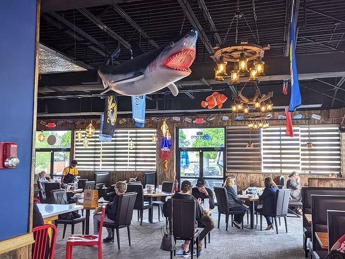 A life-size shark suspended from the ceiling watches over diners. Don't worry&mdash;this is the only predator in the restaurant that doesn't come with drawn butter.