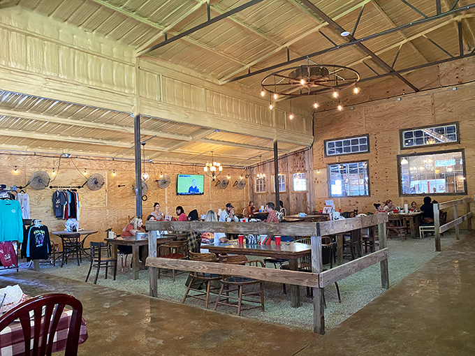 High ceilings and open spaces make the dining room feel like a community gathering spot where chicken brings people together.