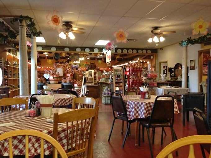 Red and white checks as far as the eye can see! This dining area is giving serious "picnic with Grandma" vibes, minus the ants and plus air conditioning.