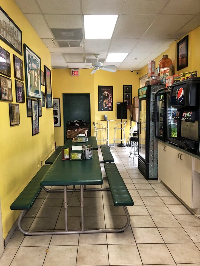 The dining area isn't fancy, but those green benches have supported thousands of happy customers mid-sandwich euphoria.