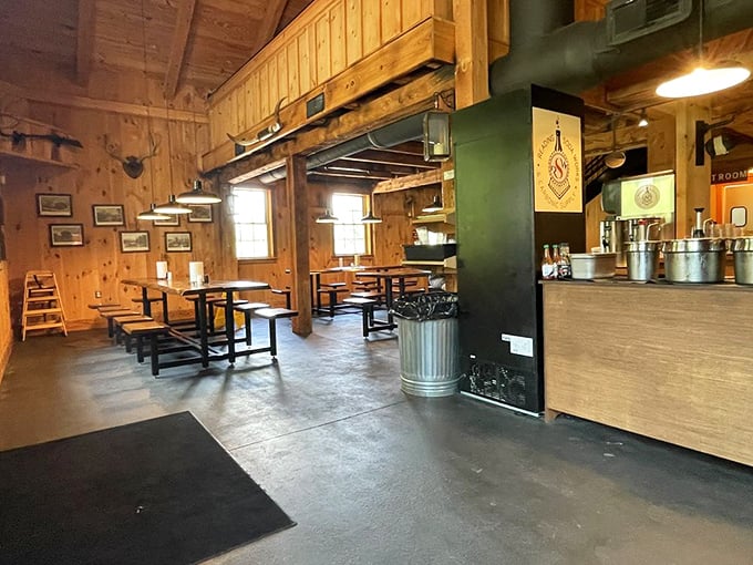 Minimalist dining with maximum flavor potential&mdash;where the only thing more impressive than the pine paneling is what's coming out of the kitchen.