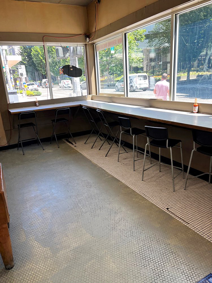 Simple counter seating with a view to the street&mdash;a front-row spot to enjoy your sandwich while watching downtown Seattle hustle by.