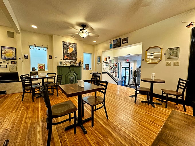 Warm wooden floors and simple tables create the perfect stage for the real star of the show&mdash;whatever you're about to eat.