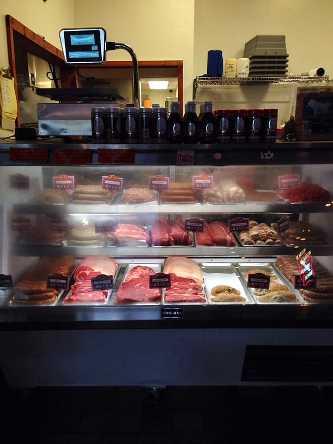 Behind glass, tomorrow's feasts await their fiery transformation &ndash; a meat display case that's essentially Oklahoma's version of a jewelry store.