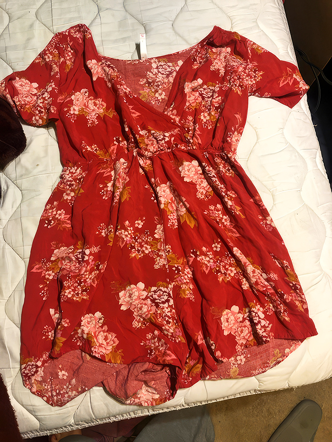 That floral red dress whispers "summer romance" while your wallet whispers "thank you" for saving 80% off department store prices.