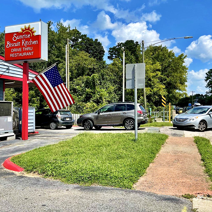 The daily drive-thru pilgrimage that Chapel Hill residents willingly make. Cars line up for what might be the most justified wait in town.