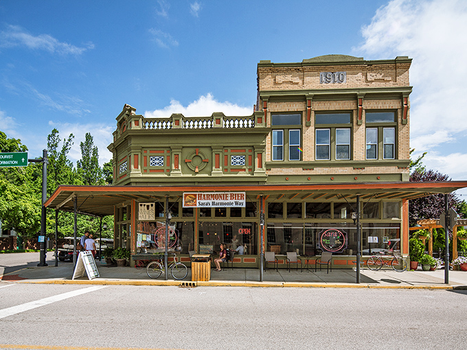 Harmonie Bier's historic storefront promises refreshment with a side of history&mdash;the perfect spot to rest weary feet after exploring town.