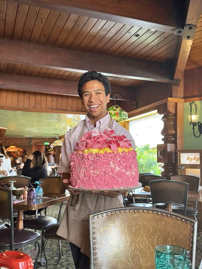 The pride of presentation is real. When your cake matches the restaurant's signature color, you know you're somewhere special.