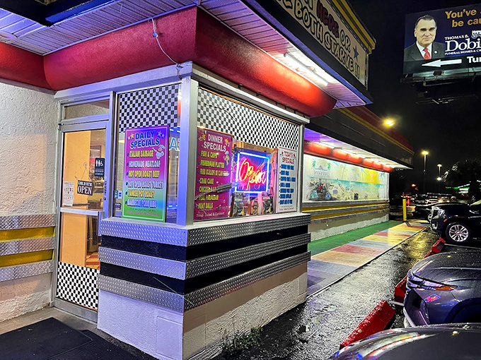 Neon lights that beckon hungry travelers like moths to a flame. At night, this entrance glows with the promise of pie and possibilities.