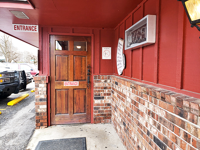 The wooden door that separates you from chicken paradise. Cross this threshold and prepare for a religious experience of the deep-fried variety.