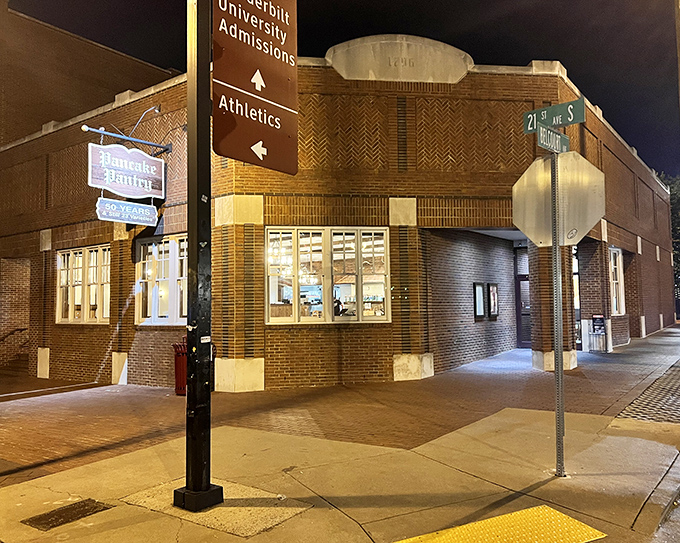 At night, the Pancake Pantry glows like a breakfast lighthouse, strategically positioned near Vanderbilt to guide hungry students to pancake salvation.